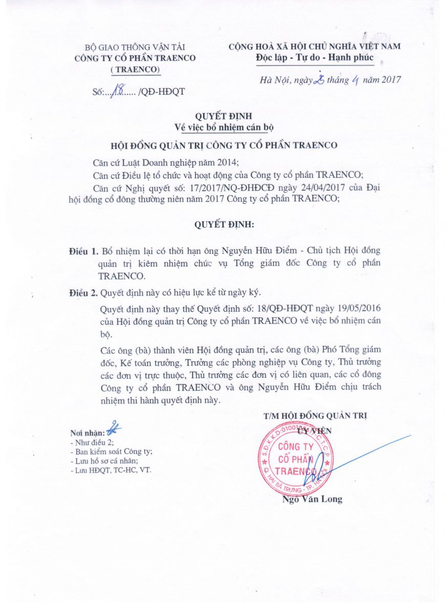 Quyết định v/v bổ nhiệm Chủ tịch Hội đồng quản trị kiêm nhiệm chức vụ ...