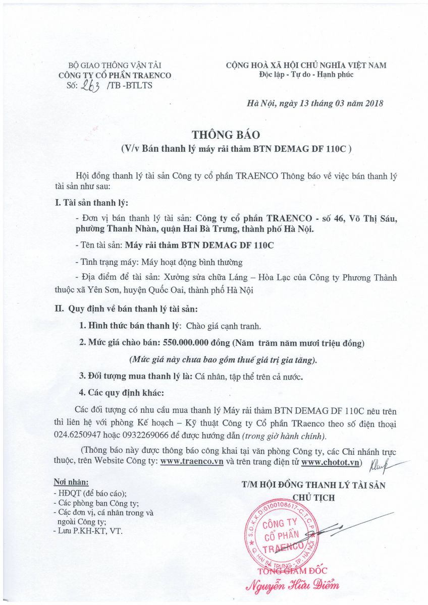 Thông báo bán thanh lý máy rải thảm